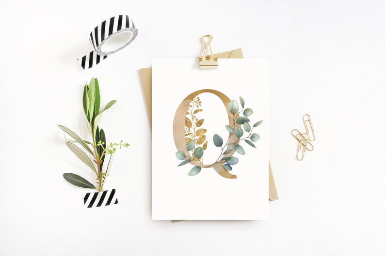 Eucalyptus Alphabet Watercolor Clipart Gold Floral Letters | Etsy Australia