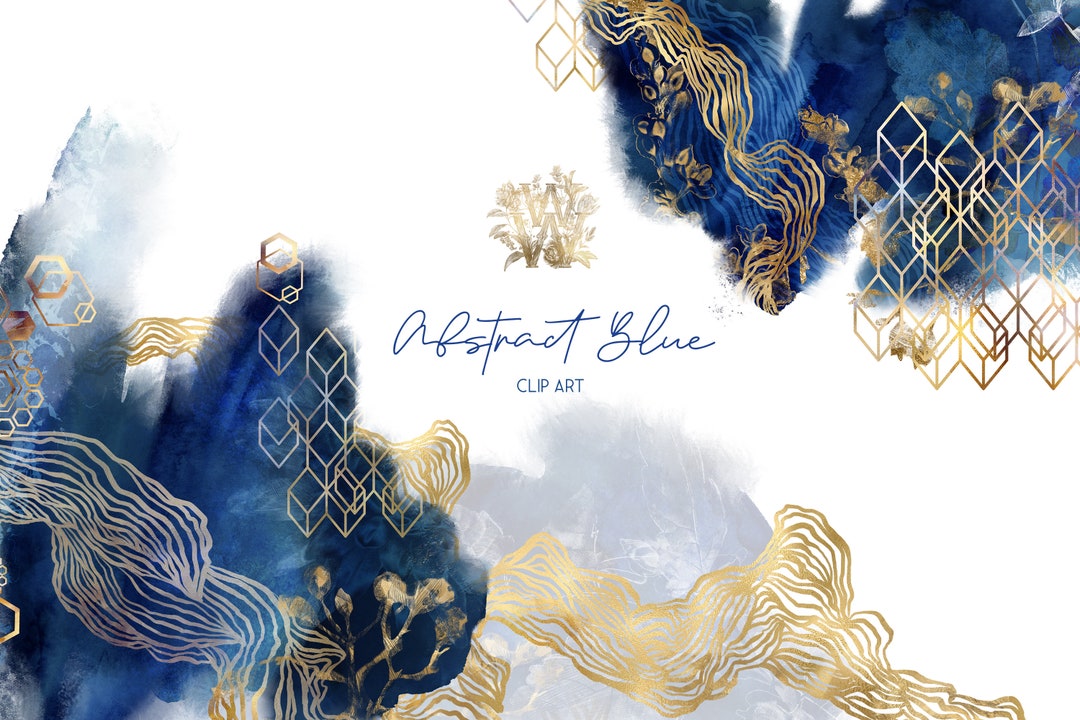 Blue and Gold Watercolor Shapes Clipart: Abstract Collage (digital ...