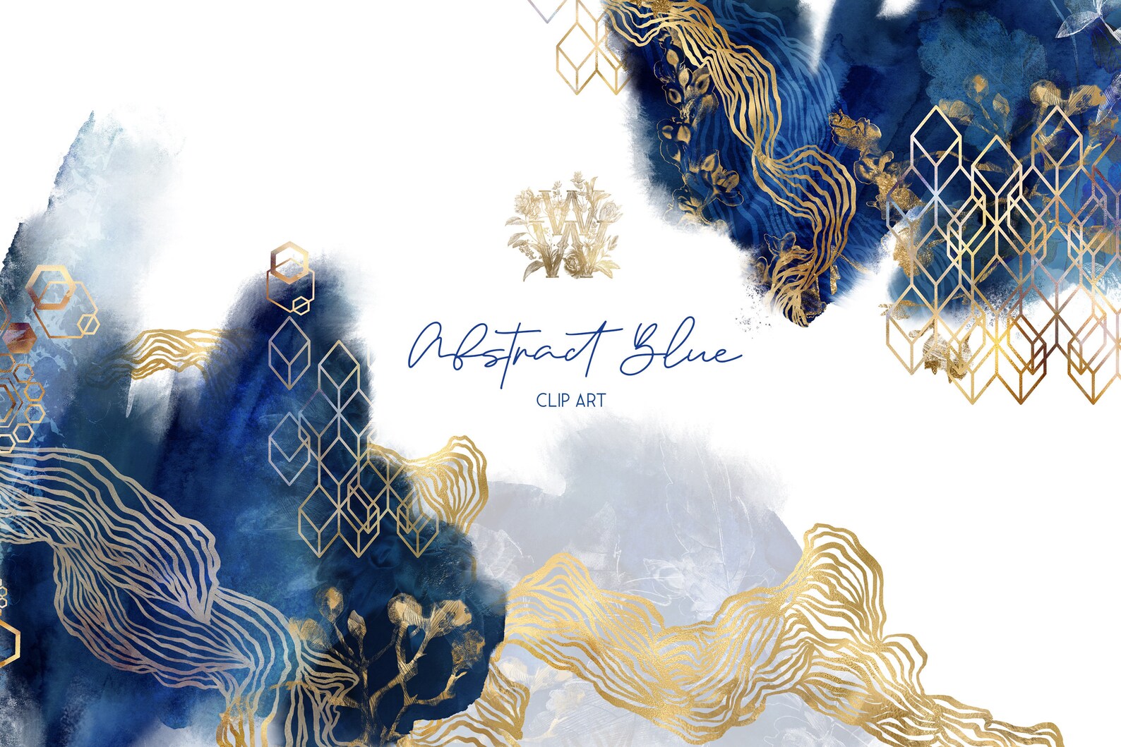 Blue and Gold Watercolor Shapes Clipart: Abstract Collage (digital ...