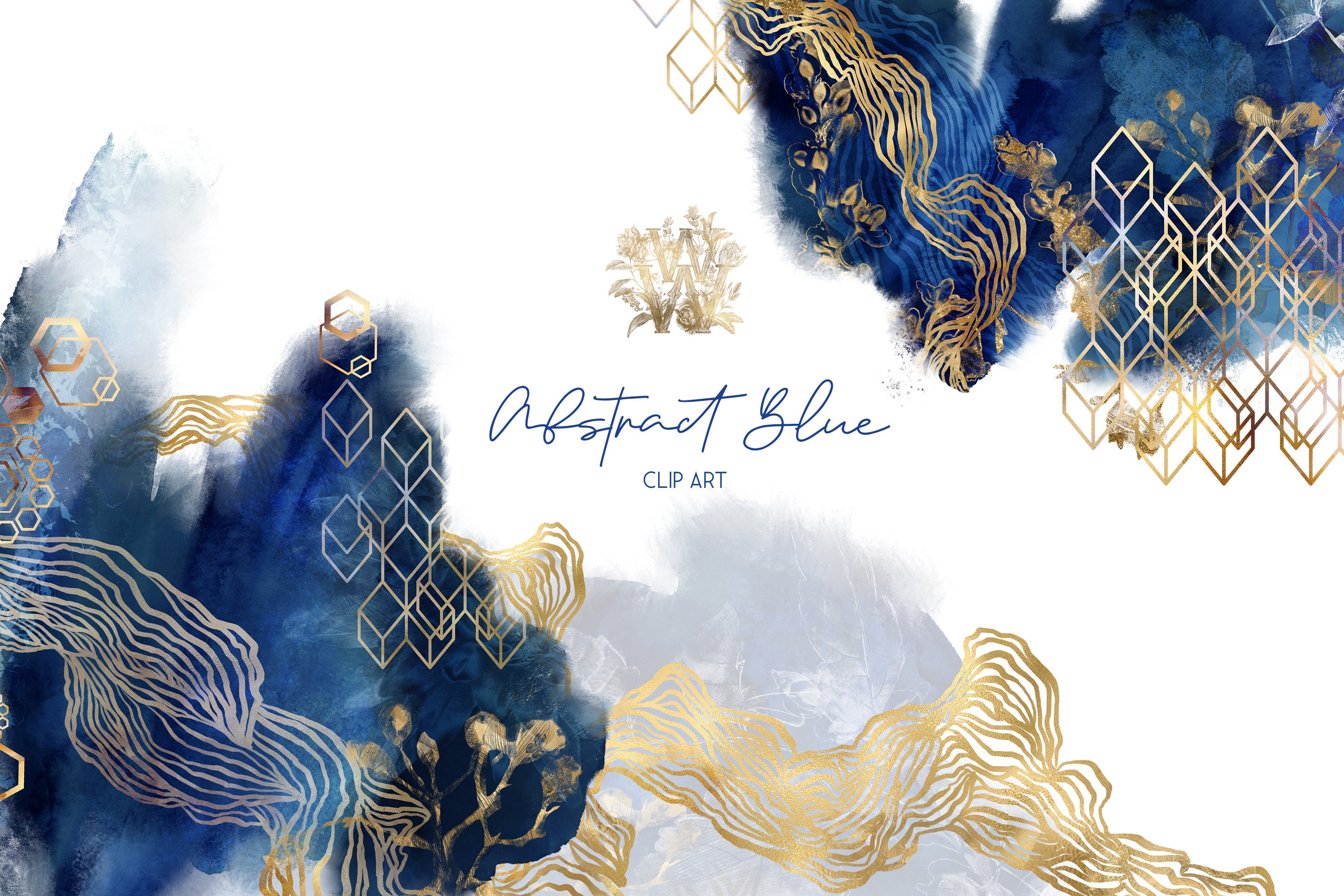 Blue and Gold Watercolor Shapes Clipart Abstract Collage Clip - Etsy