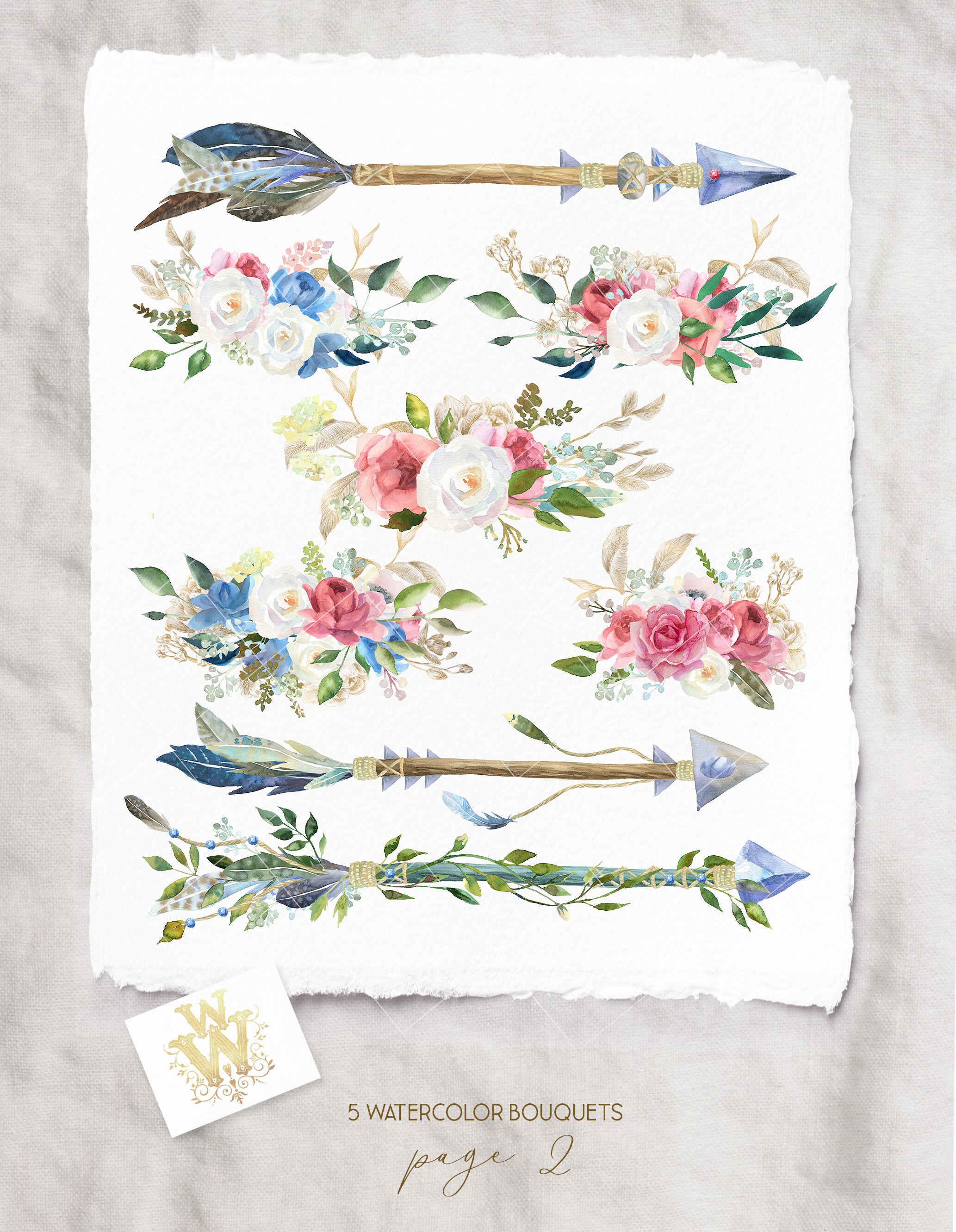 Boho Watercolor Arrow Clipart – Hand-painted Floral Arrows & Feathers ...