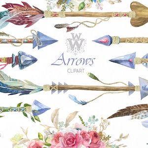 Boho Watercolor Arrow Clipart – Hand-painted Floral Arrows & Feathers ...