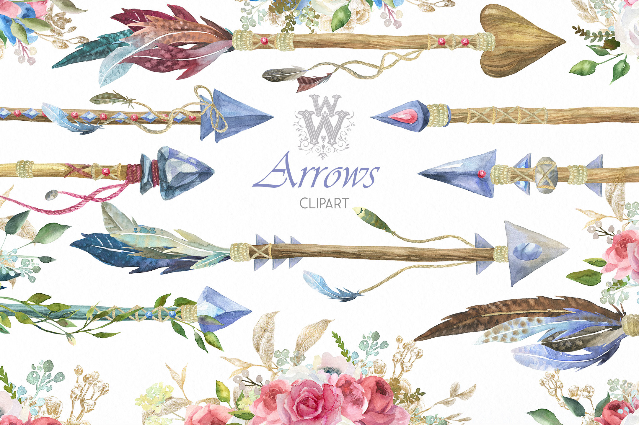 Boho Watercolor Arrow Clipart – Hand-painted Floral Arrows & Feathers ...