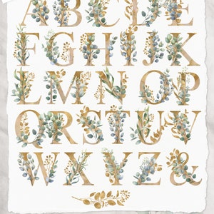 Eucalyptus Alphabet Watercolor Clipart Gold Floral Letters | Etsy Australia