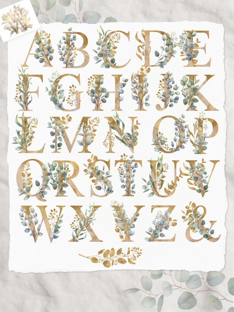 Eucalyptus Alphabet Watercolor Clipart Gold Floral Letters | Etsy Australia