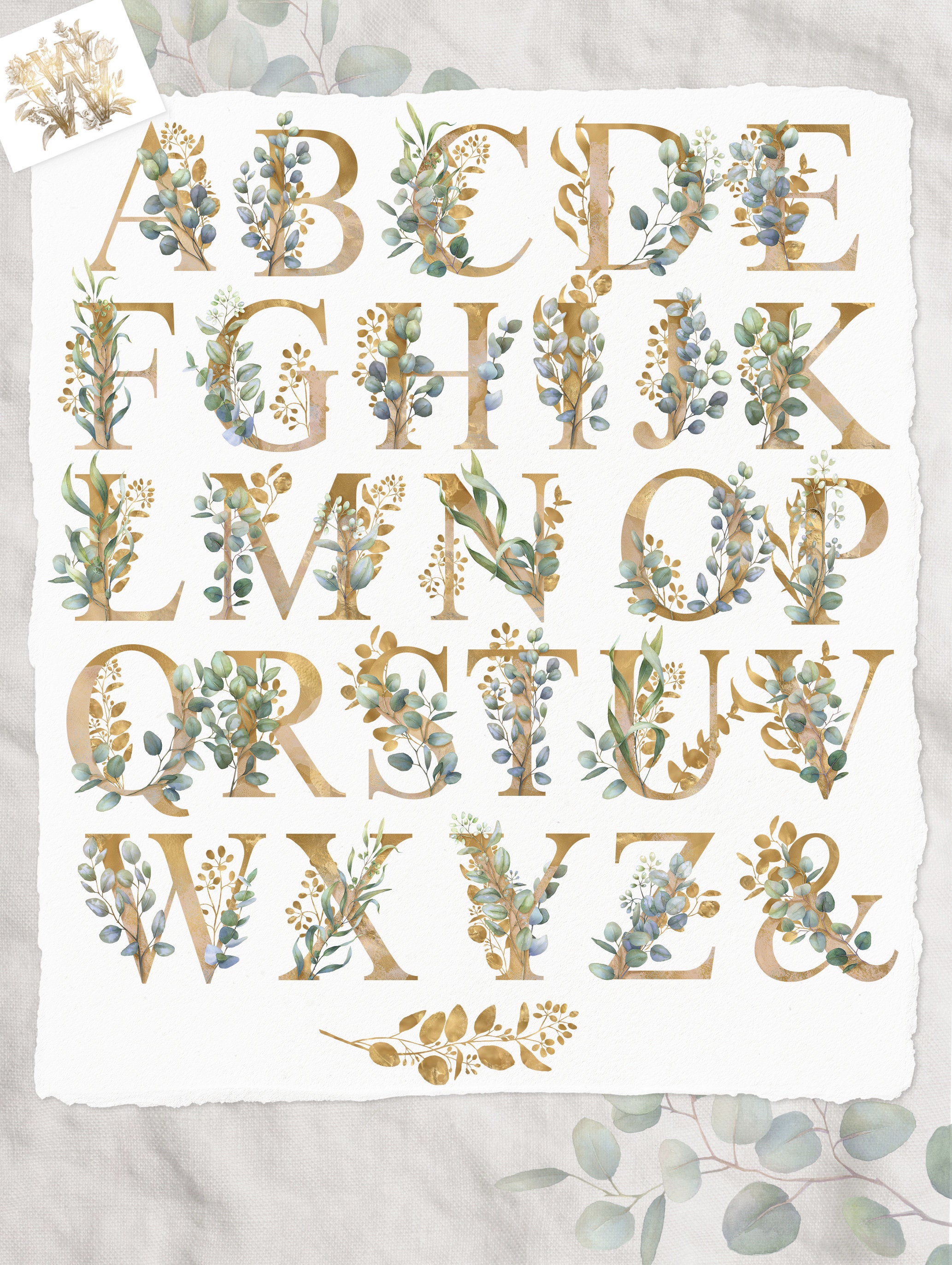 Eucalyptus Alphabet Watercolor Clipart Gold Floral Letters - Etsy Australia