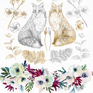 Forest Flowers Wedding Clipart, Watercolor Wild Fox Fine Clip Art ...