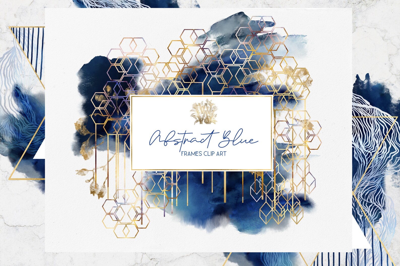 Watercolor Blue and Gold Abstract Frames Clipart Geometric - Etsy
