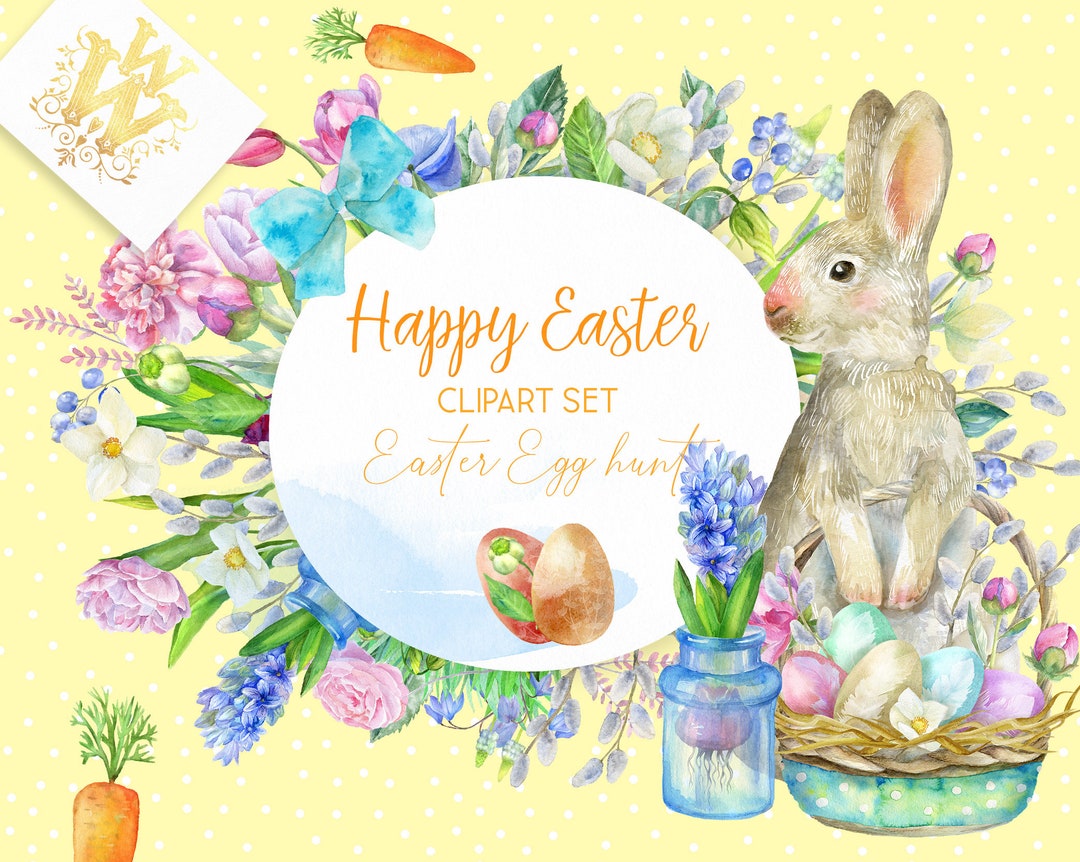 Watercolor Easter Clipart, Cute Spring Bunny Clip Art, Floral Wreath ...