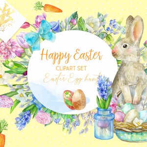 Watercolor Easter Clipart, Cute Spring Bunny Clip Art, Floral Wreath ...