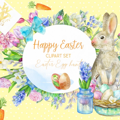 Watercolor Easter Clipart Cute Spring Bunny Clip Art Floral - Etsy