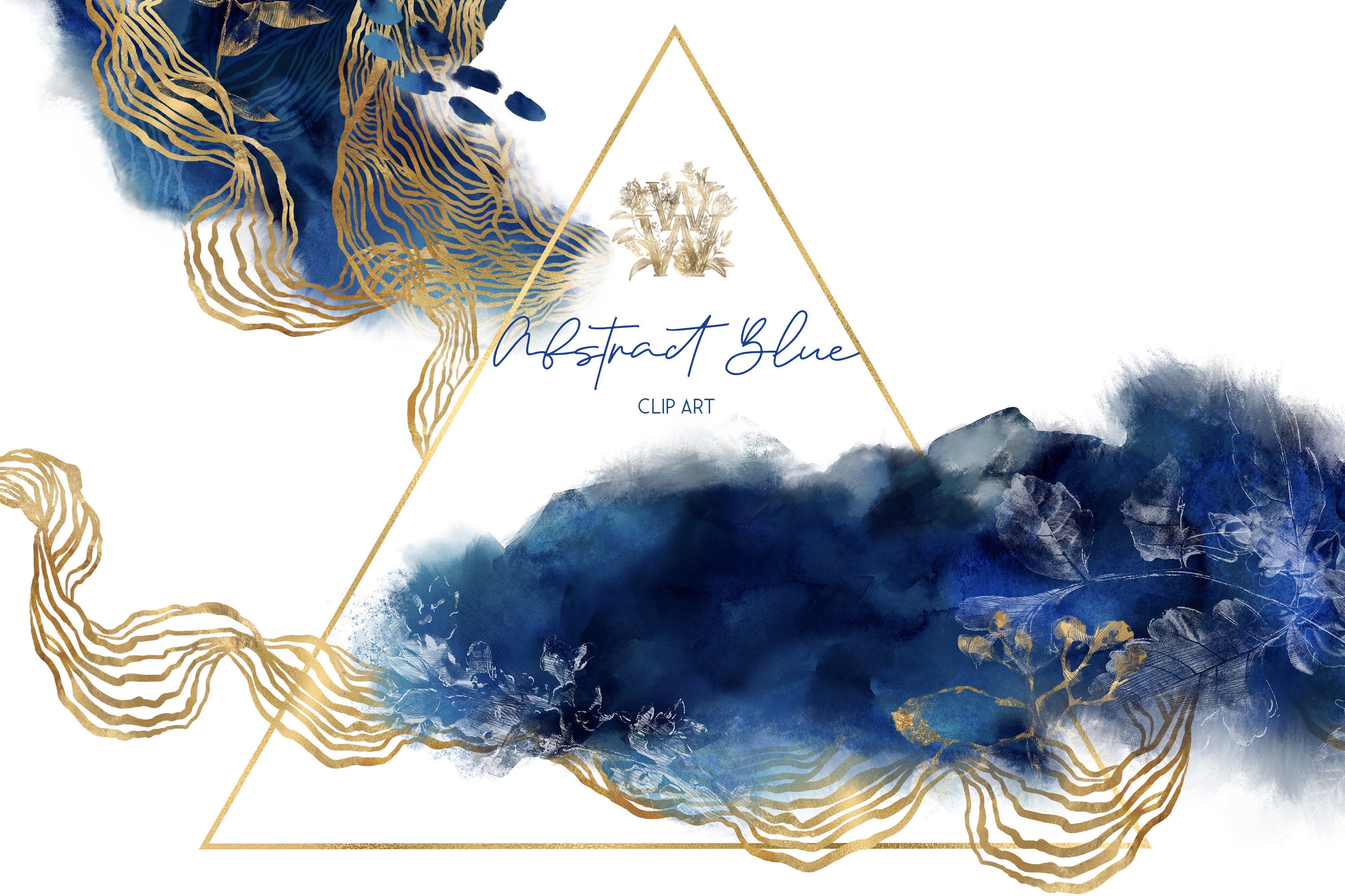 Blue and Gold Watercolor Shapes Clipart: Abstract Collage (digital ...