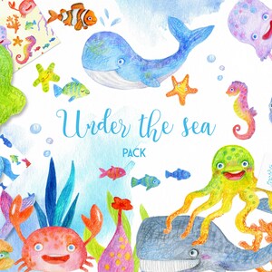 Watercolor Sea Creatures Clipart Cute Kids Mermaid Baby Shower Nautical ...