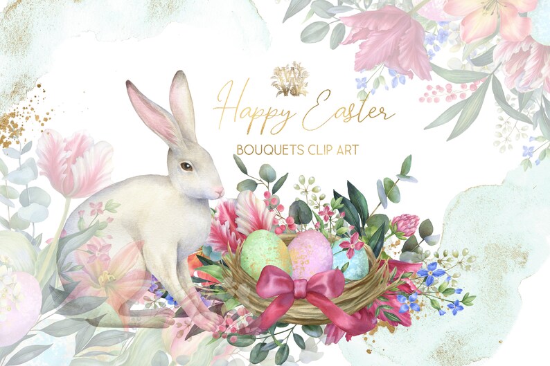 Watercolor Easter Bouquets Clip Art Spring Bunny Border - Etsy