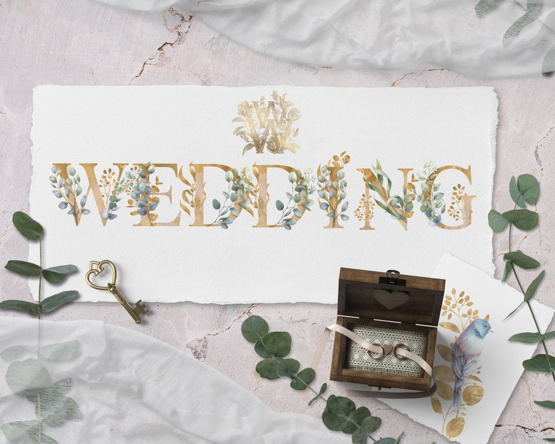 Eucalyptus Alphabet Watercolor Clipart Gold Floral Letters | Etsy Australia