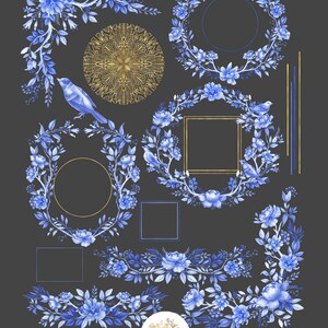 Blue Floral Frames Clip Art, Watercolor Chinoiserie Clipart, Indigo ...