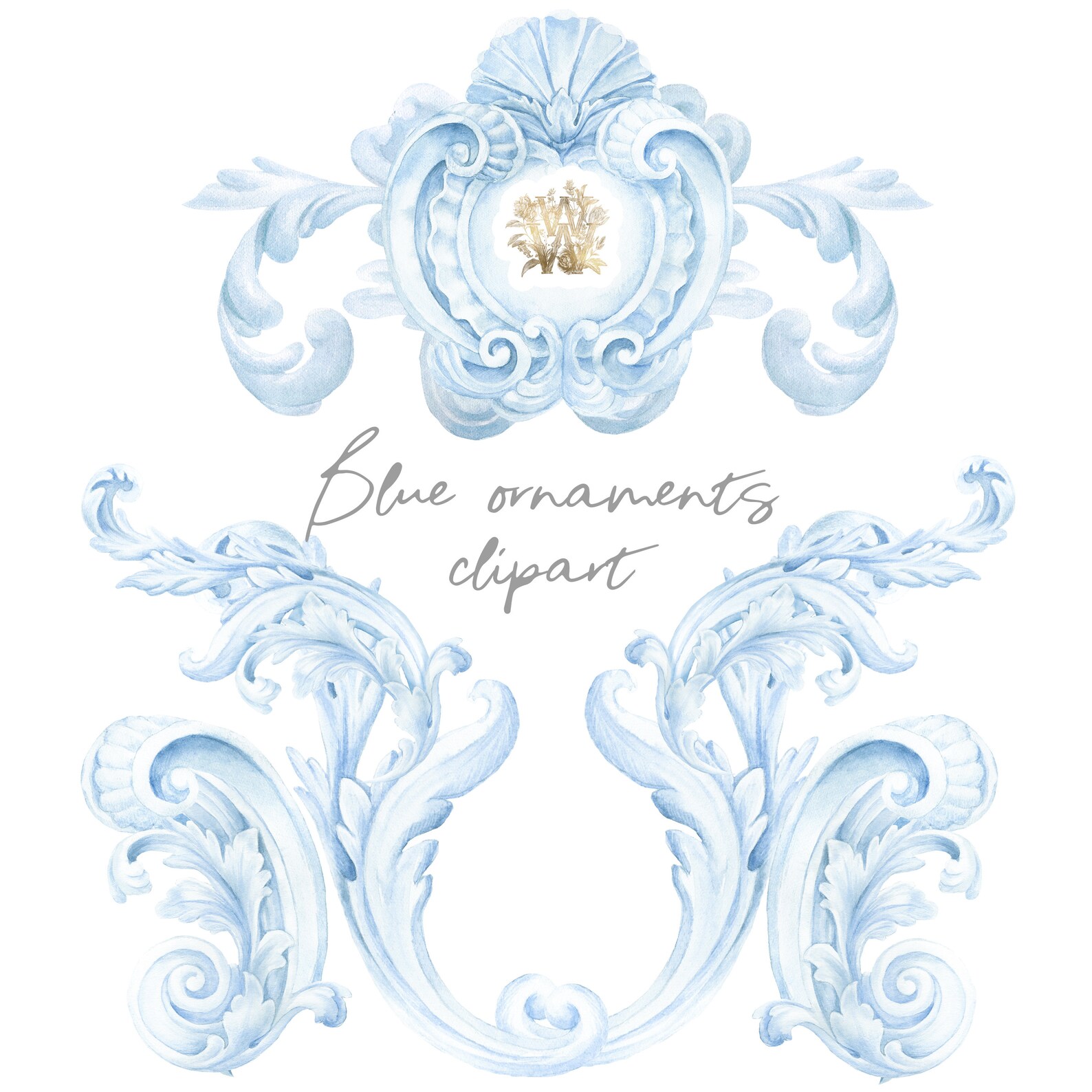 Watercolor Blue Baroque Ornament Clipart: Hand Drawn Royal Baby Shower ...