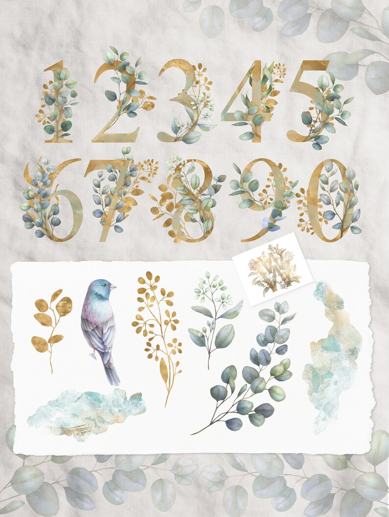 Eucalyptus Watercolor Monogram Clipart: Gold Foil Alphabet (PNG) - Etsy