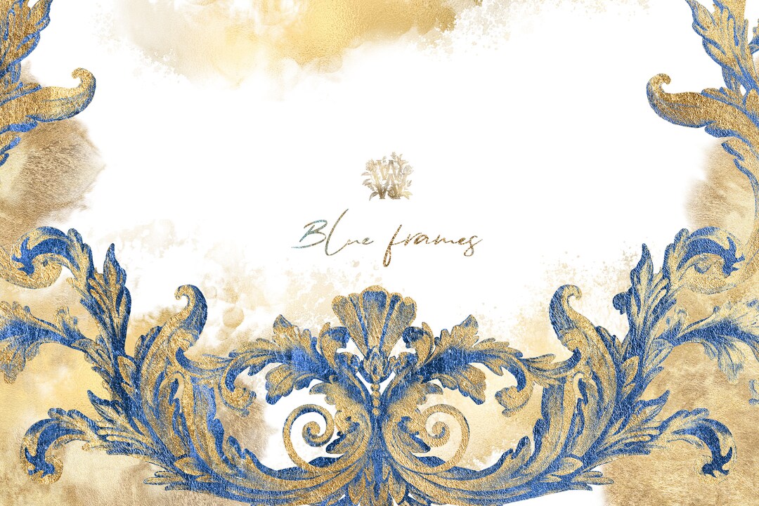Watercolor Gold Foil Blue Frame Clipart, Royal Wedding Png, Baroque ...