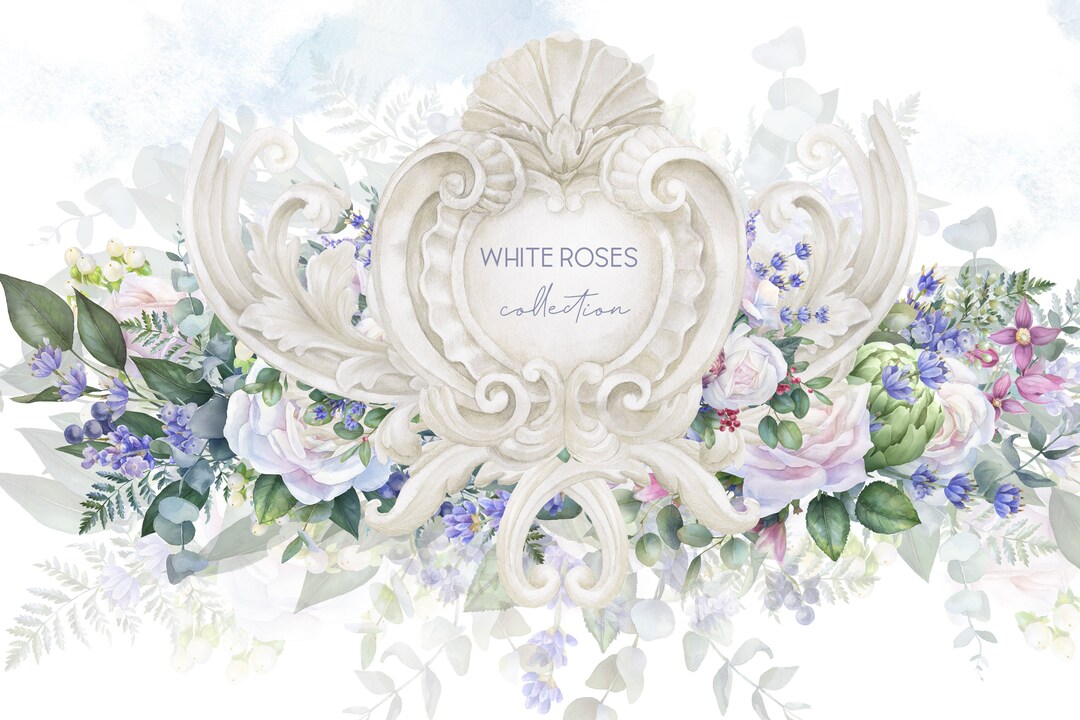 White Rose Watercolor Wedding Clip Art, Floral Ornate Antique Monogram ...