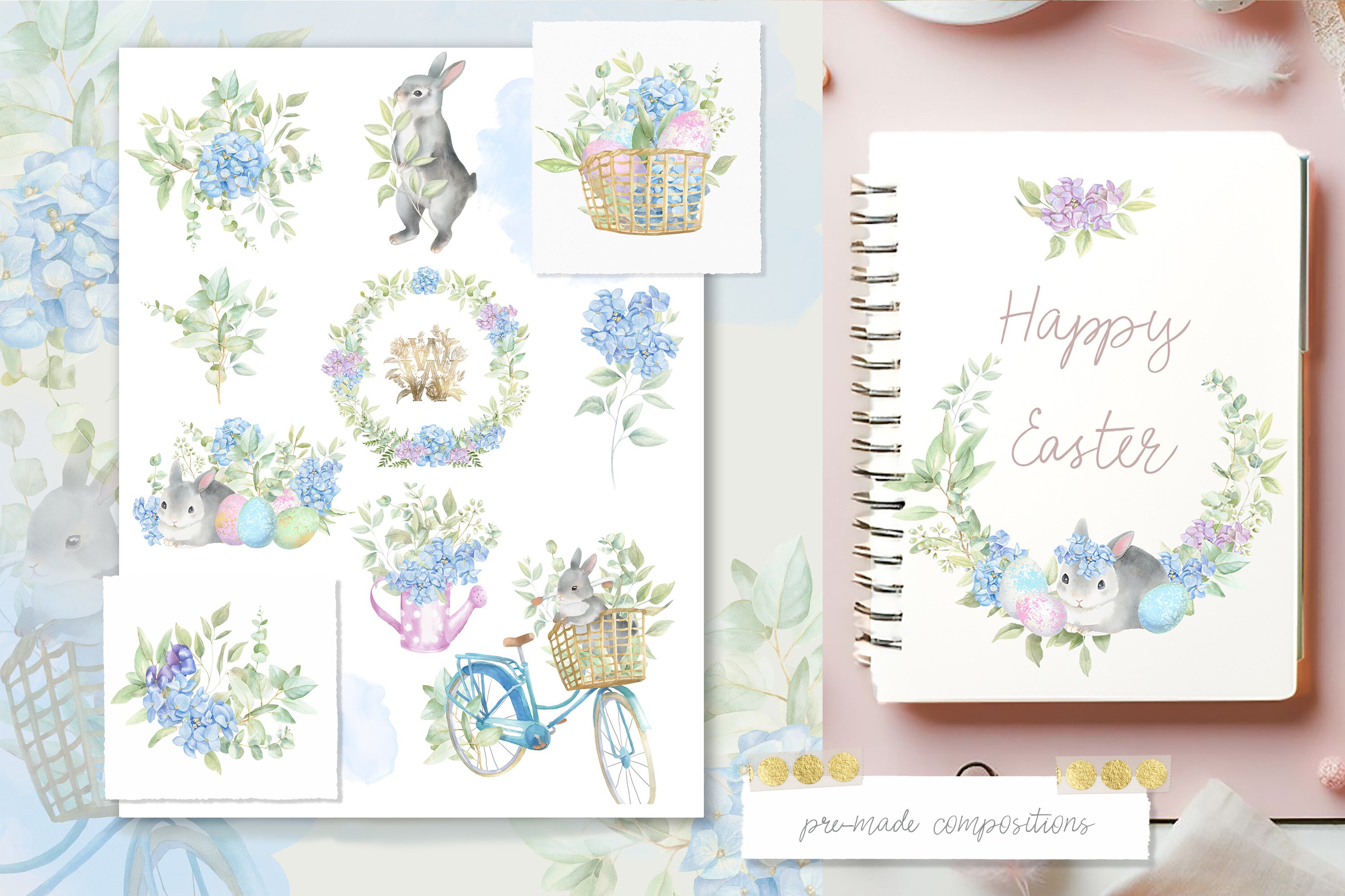 Watercolor Easter Clip Art Bundle, Cute Bunny Clip Art, Egg Hunt Border ...