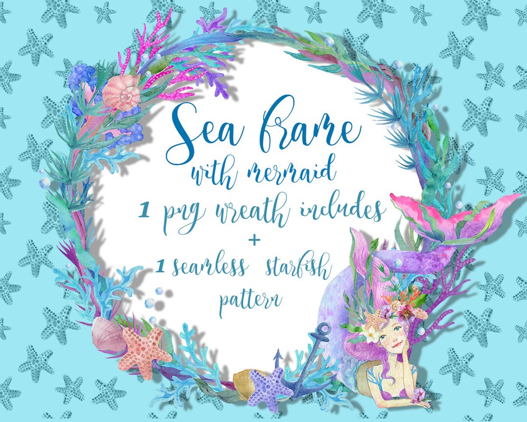 Watercolor Kids Mermaid Frame Clipart, Sea Ocean Wreath Clip Art ...