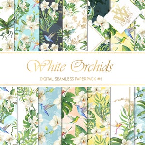 Tropical Flower Digital Paper Pack, Watercolor White Orchid, Wedding ...