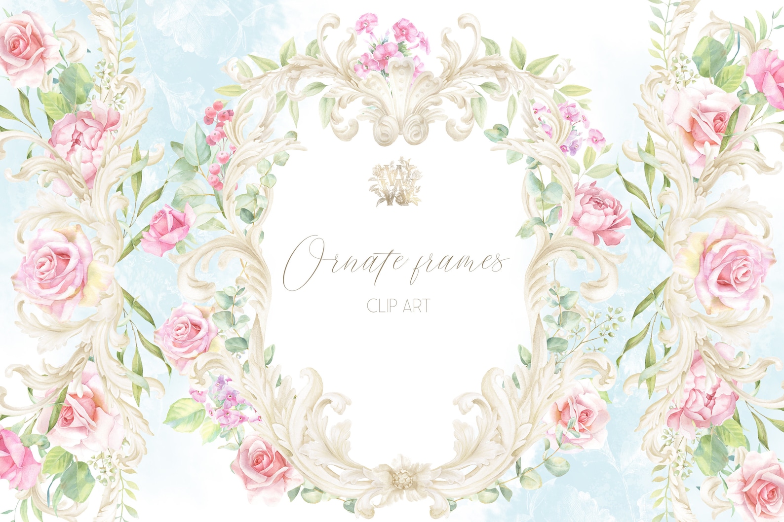Watercolor Floral Frames Clip Art Pink Roses Clipart Baroque - Etsy