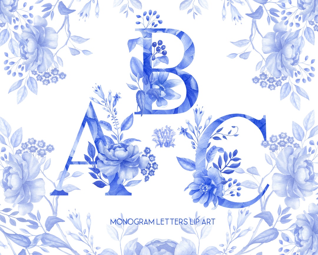 Blue Floral Monogram Letters: Chinoiserie Watercolor Clipart (PNG) - Etsy
