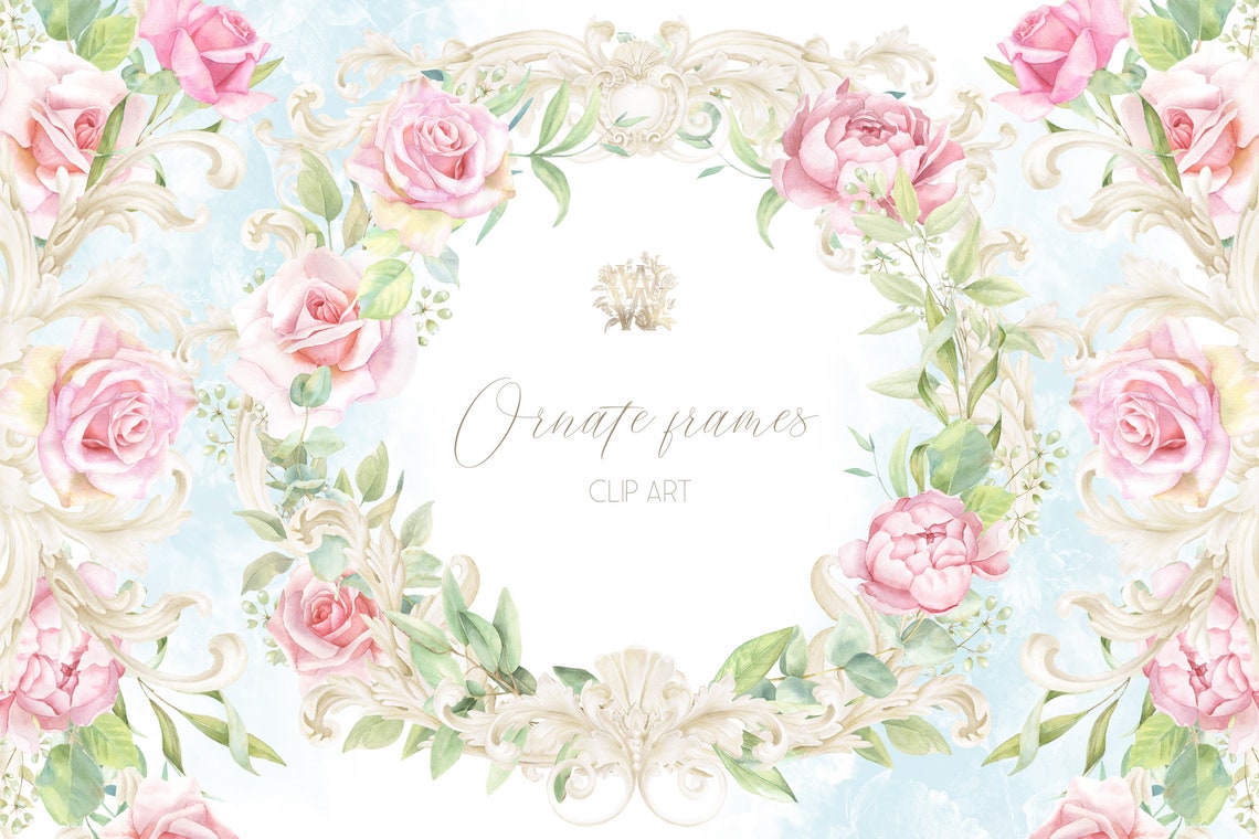Watercolor Floral Frames Clip Art Pink Roses Clipart Baroque | Etsy
