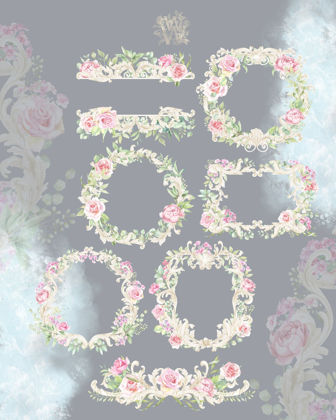 Watercolor Floral Frames Clip Art Pink Roses Clipart Baroque - Etsy