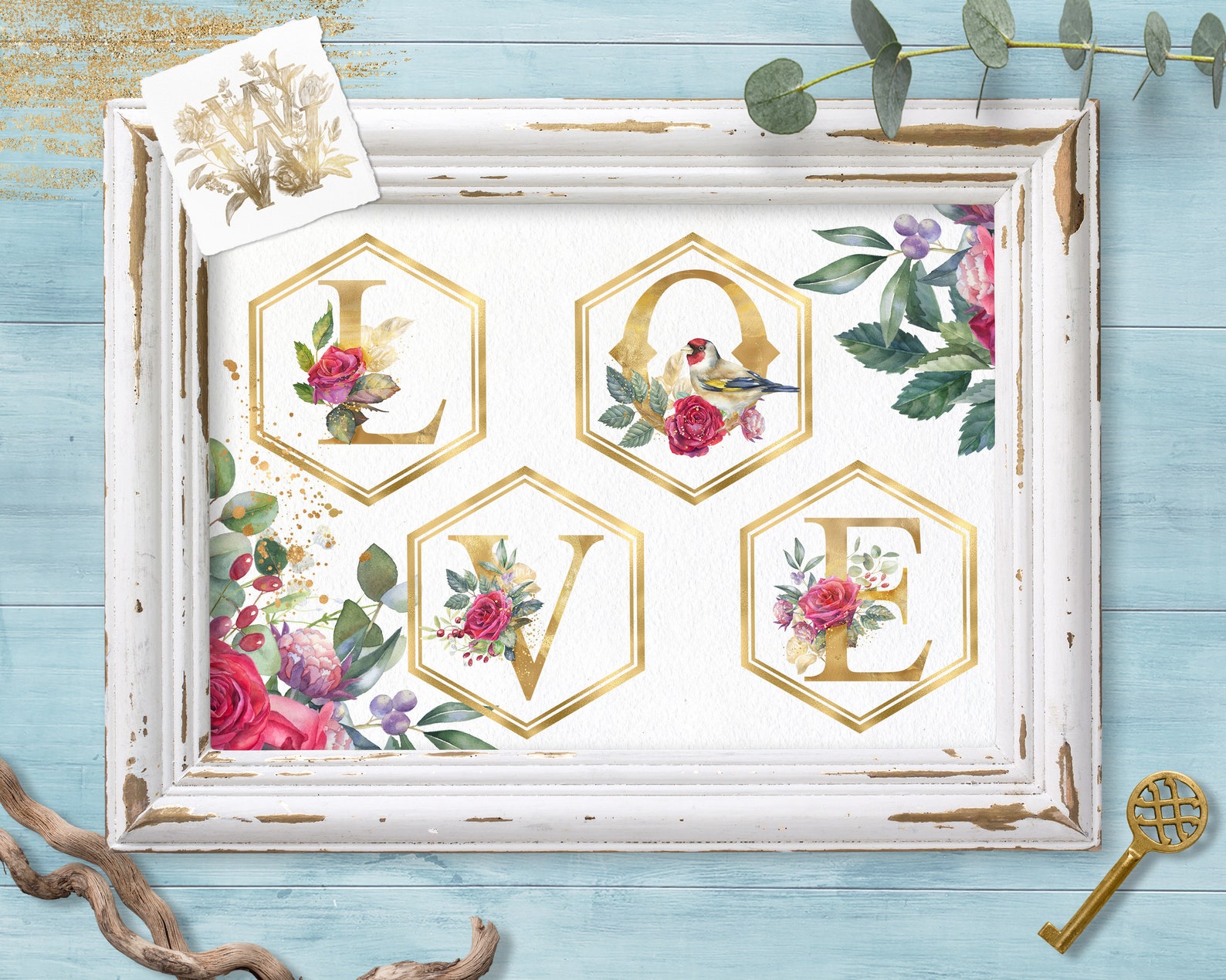 Watercolor Floral Alphabet Clipart: Gold Letters, Red Roses (PNG ...