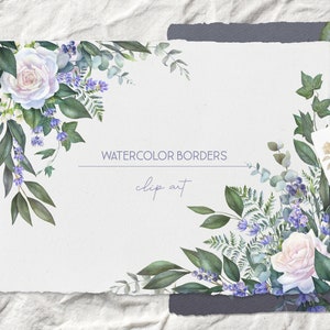 White Rose Border Clip Art, Watercolor Floral Wedding Frame Clipart ...