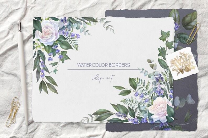 White Rose Border Clip Art Watercolor Floral Wedding Frame | Etsy