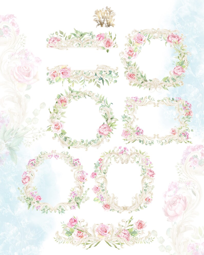 Watercolor Floral Frames Clip Art Pink Roses Clipart Baroque | Etsy