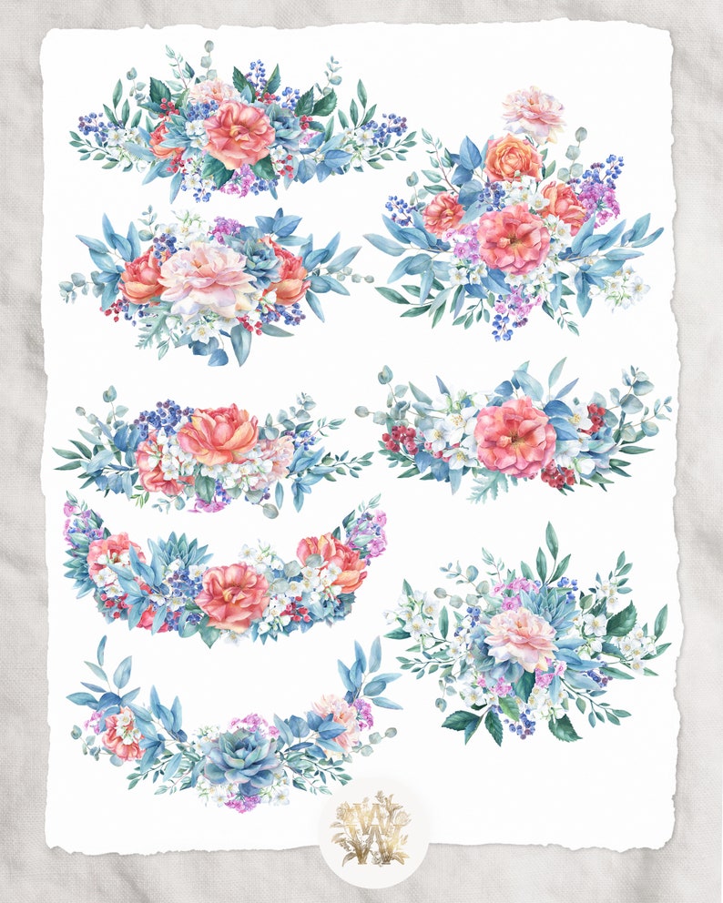 Peach Floral Wedding Bouquets Clip Art Watercolor Rose Flower | Etsy