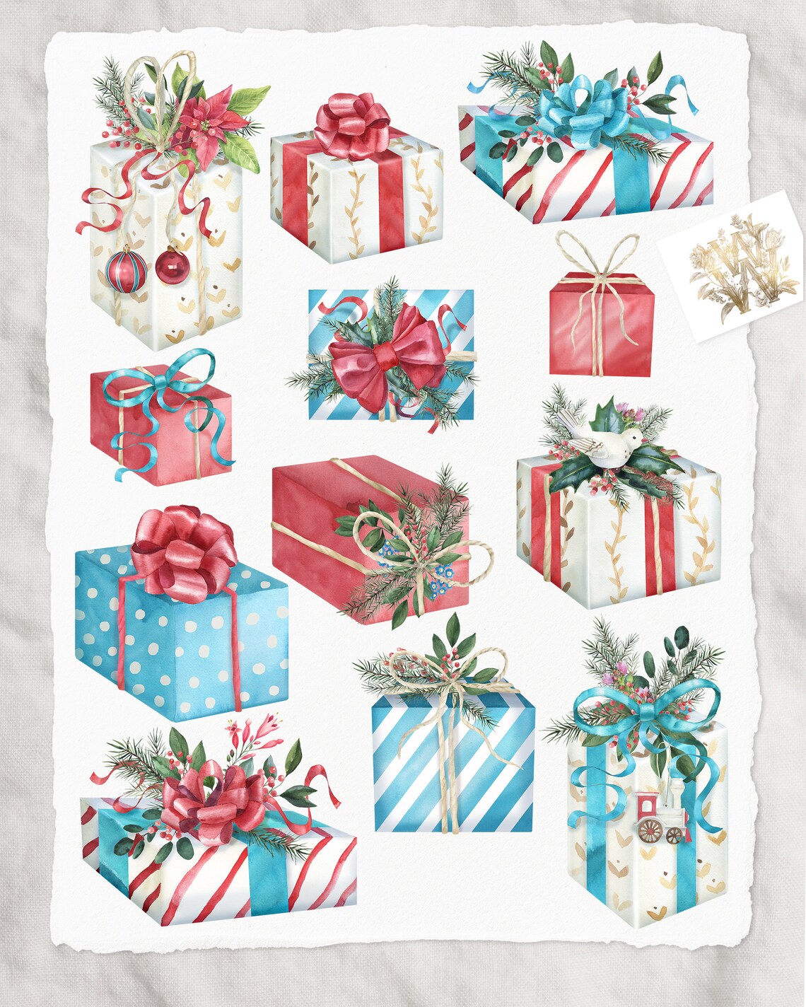 Christmas Gift Boxes Watercolor Clip Art Present Bow Png - Etsy