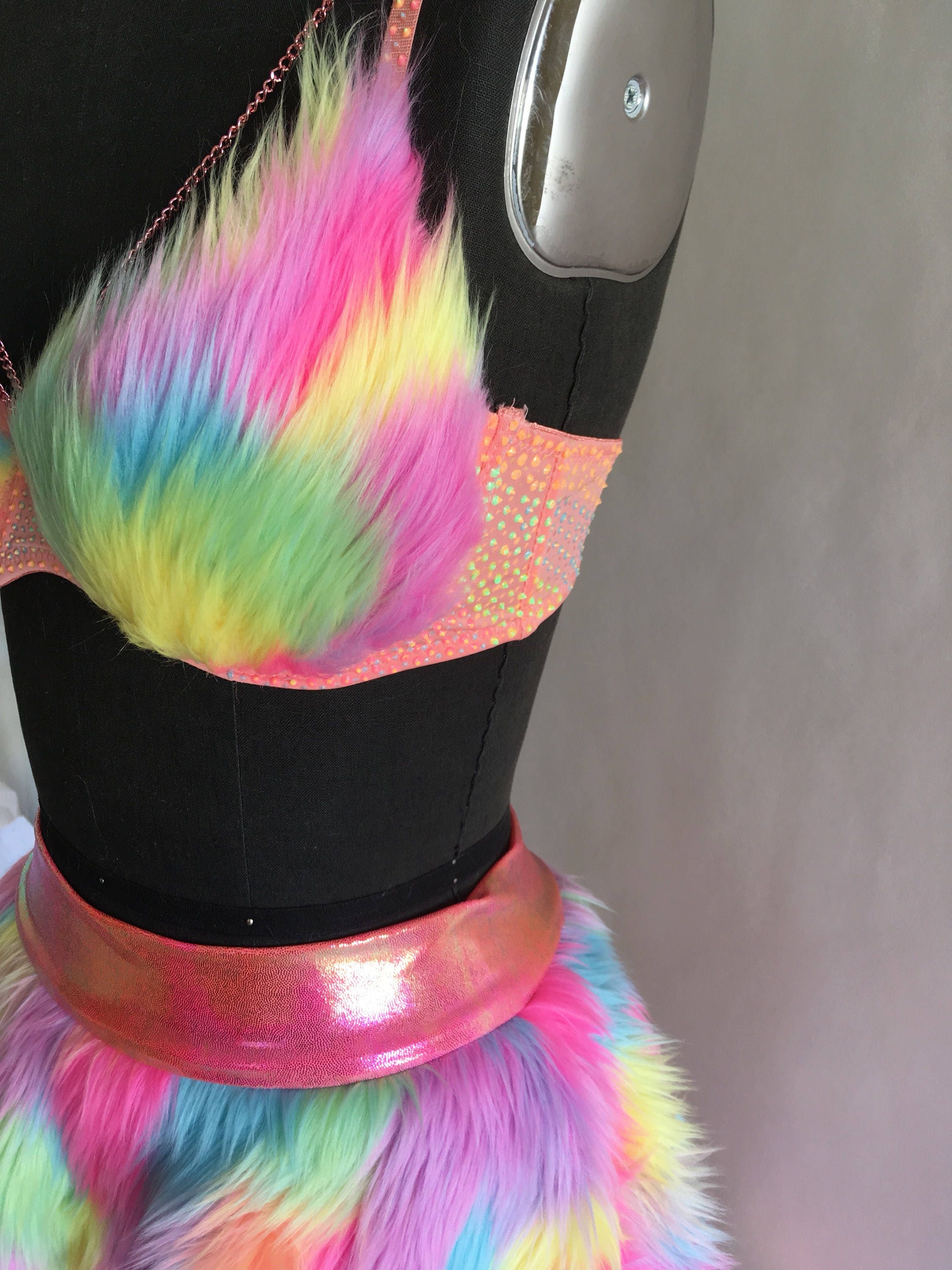 Unicorn Rainbow FUR Bra Top Rave Festival Pride Sexy Costume - Etsy