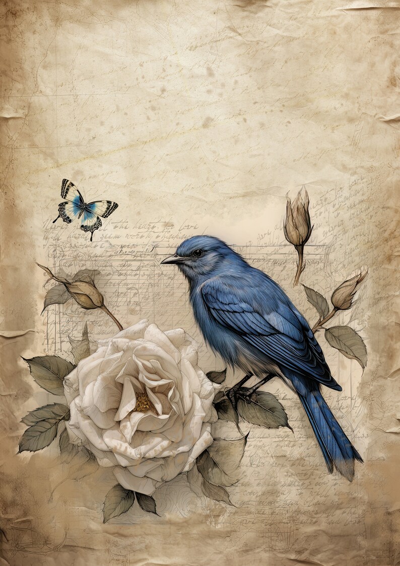 Vintage Bluebird and Roses Junk Journal Pages - Etsy