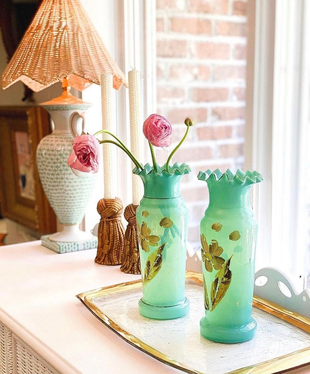 Rare, Turquoise, Opalescent, Vintage Pair of Vases - Etsy