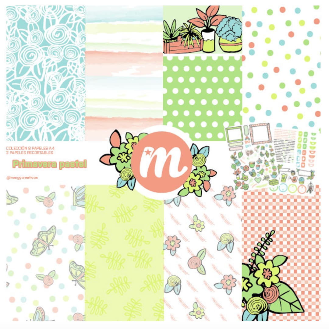 PASTEL SPRING. Digital Papers, Die Cuts, Phrases in Spanish ...