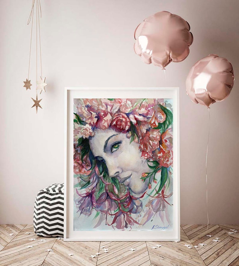 Portrait of a woman in flowers original watercolor painting | Etsy