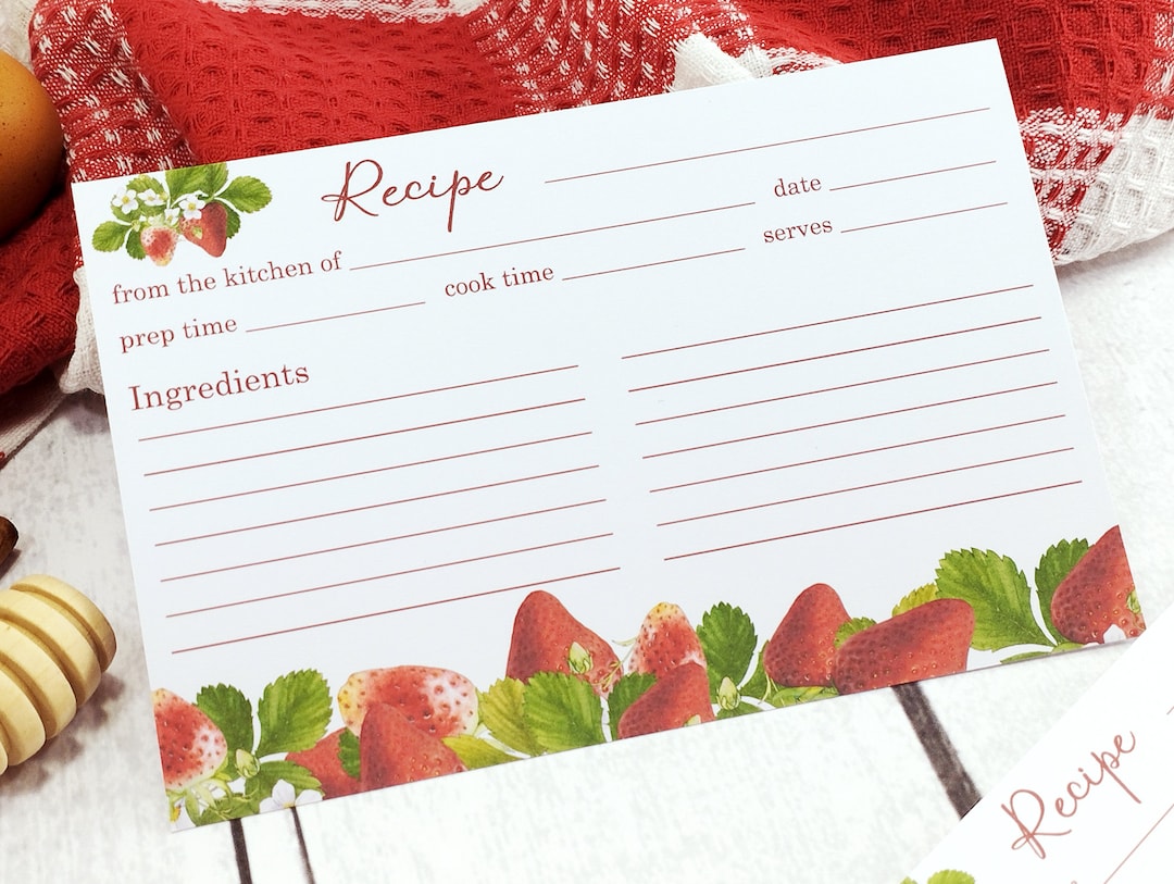 Strawberry Recipe Cards, 6x4 Recipe Cards, Set of 12 Double Sided ...