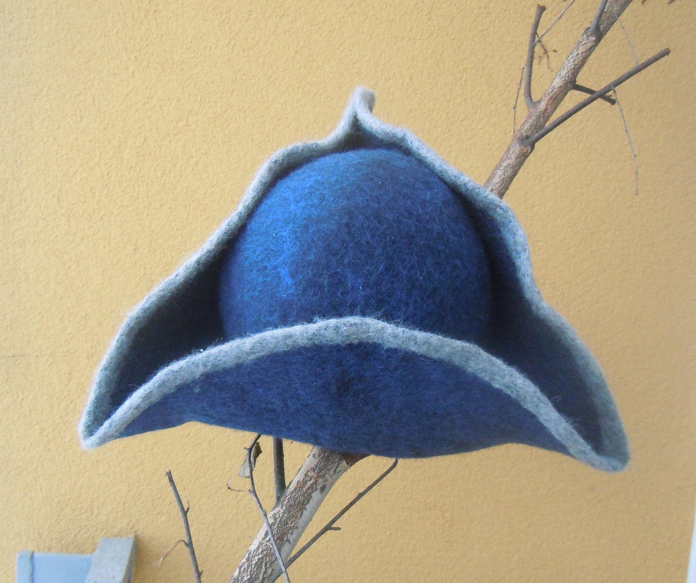 Pirate triangle hat Dark blue wool felt hat with gray edge | Etsy