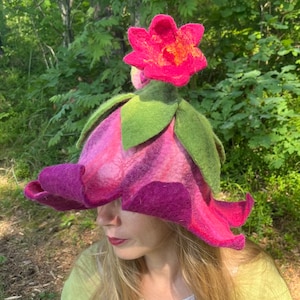 Pink and Purple Bell Flower Hat With Rolled Stem Pixie Hat, Winter Hat ...