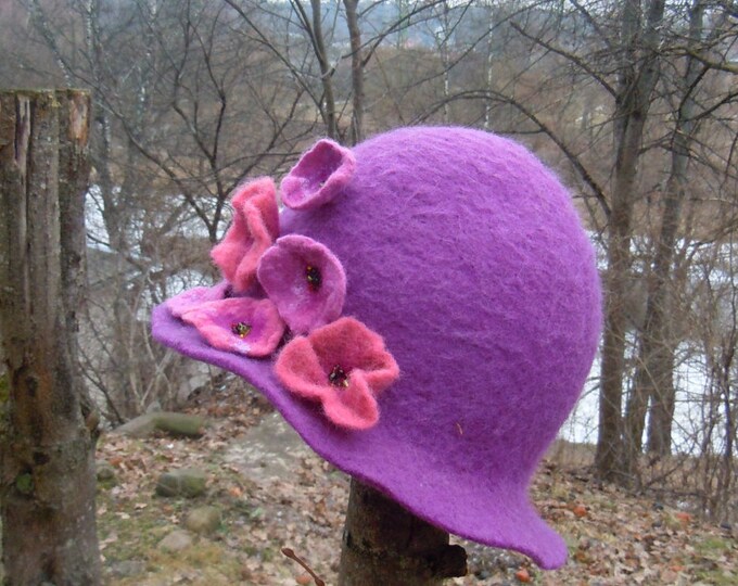 Violet Cloche Hat With Pink and Purple Poppies Womens Winter - Etsy