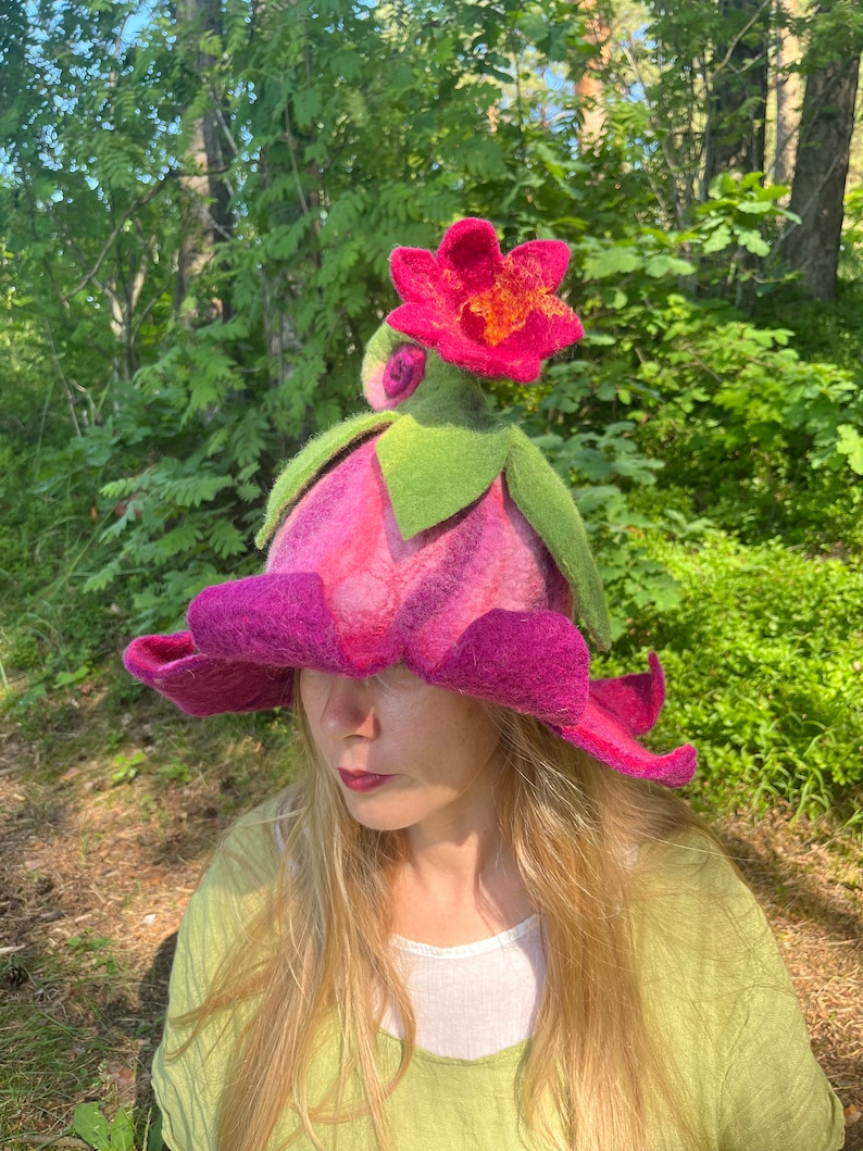 Pink and Purple Bell Flower Hat With Rolled Stem Pixie Hat, Winter Hat ...