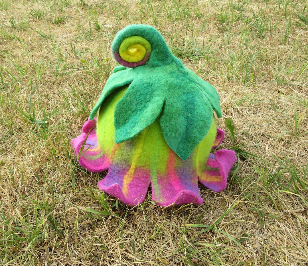 Beautiful Bright Green - Pink Bell Flower Hat With a Rolled Stem, Pixie ...