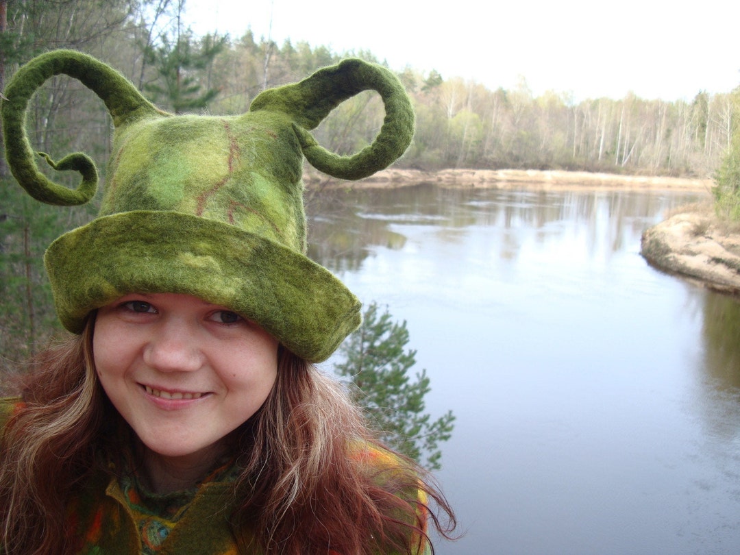 Green Hat With Horns Winter Warm Wool Hat Sauna Hat Felt Wool Hat - Etsy