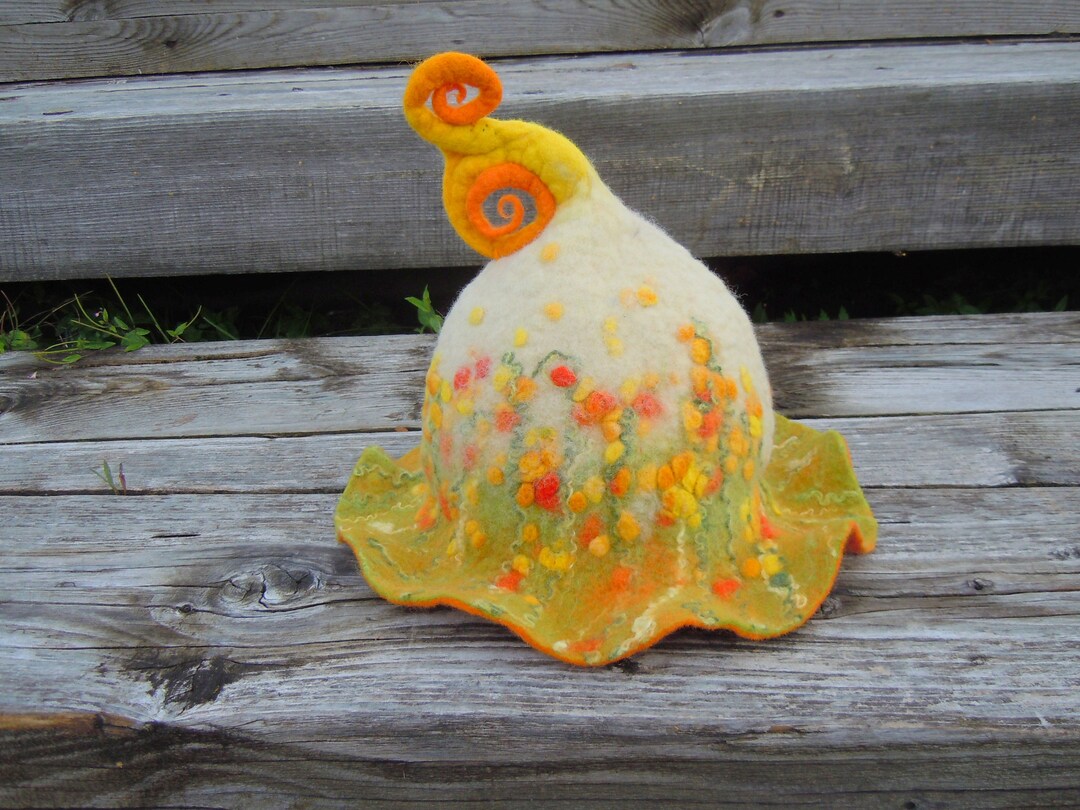 Yellow Orange Floral Hat Felt Wool Hat Sauna Hat Pixie Hat Elf Hat ...